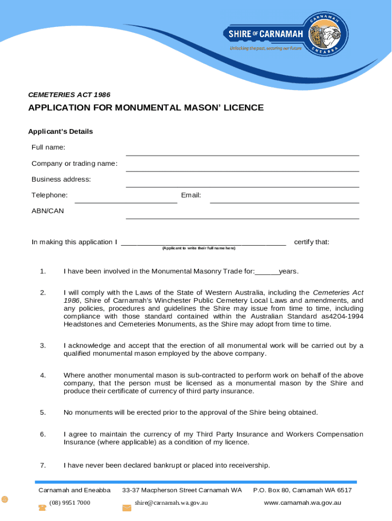 application for monumental mason' licence Doc Template | pdfFiller
