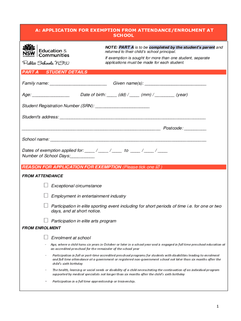 Fillable Online a: application for exemption from attendance/enrolment at Fax Email Print ...