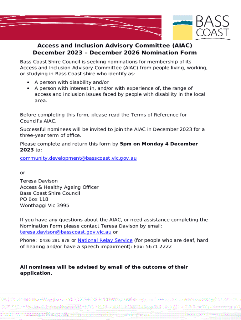 Access & Inclusion Advisory Committee Nomination ... Doc Template ...