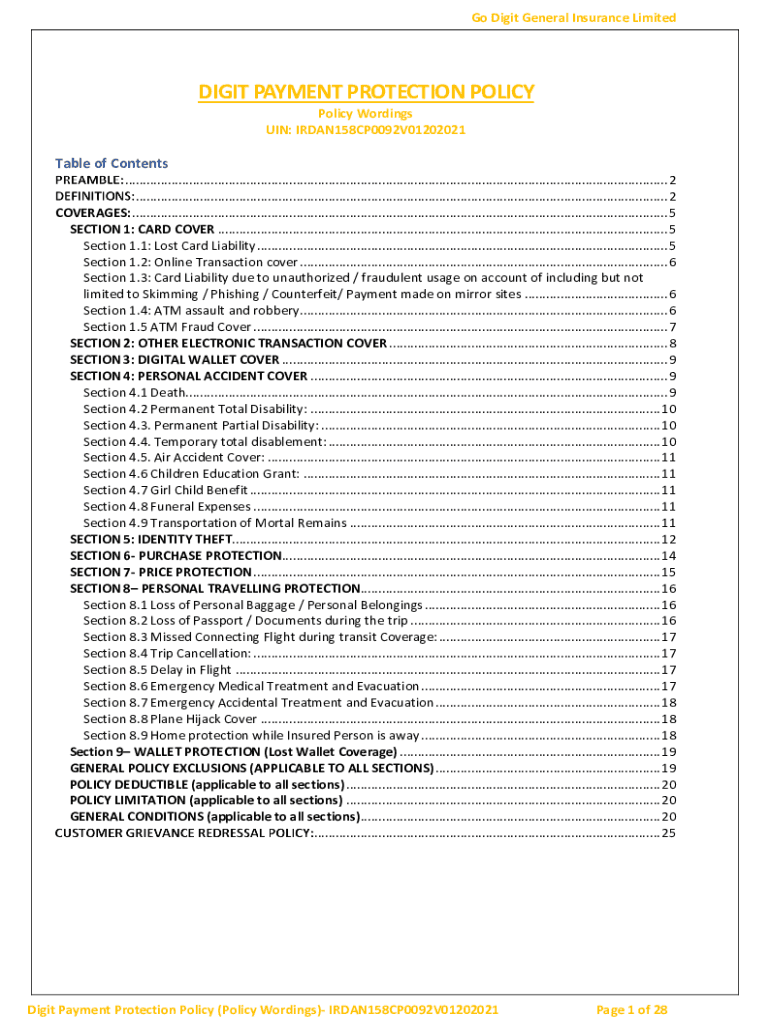 Fillable Online Policy Wordings - Digit Health Plus Policy (Revision ...