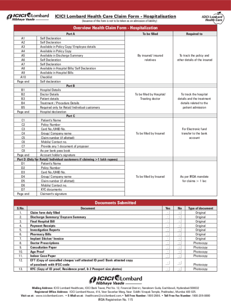 Fillable Online ICICI Lombard claim form for group mediclaim policy Fax ...