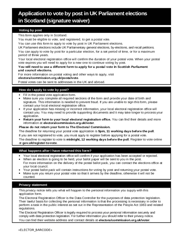 Postal vote application Waiver Reserved Blank template. Absent Voting ...