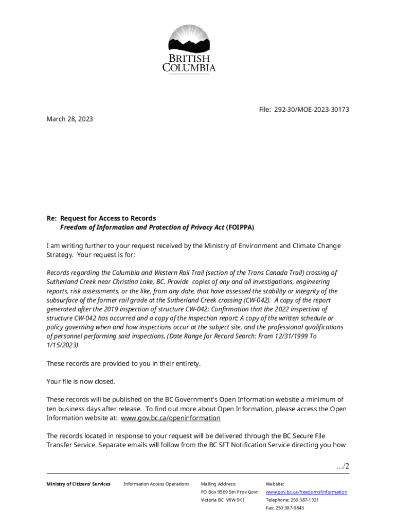Fillable Online docs openinfo gov bc Records regarding the Columbia and Western Rail Trail ...