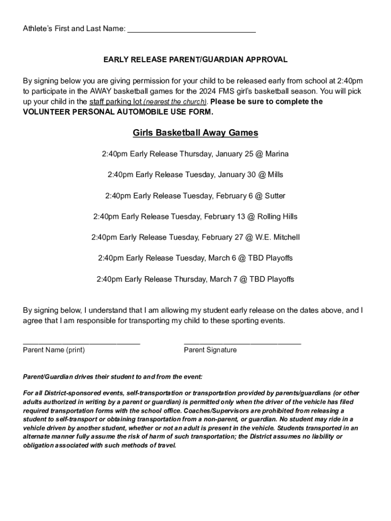 Fillable Online 3e Parent Permission Letter for Early Release Girls ...