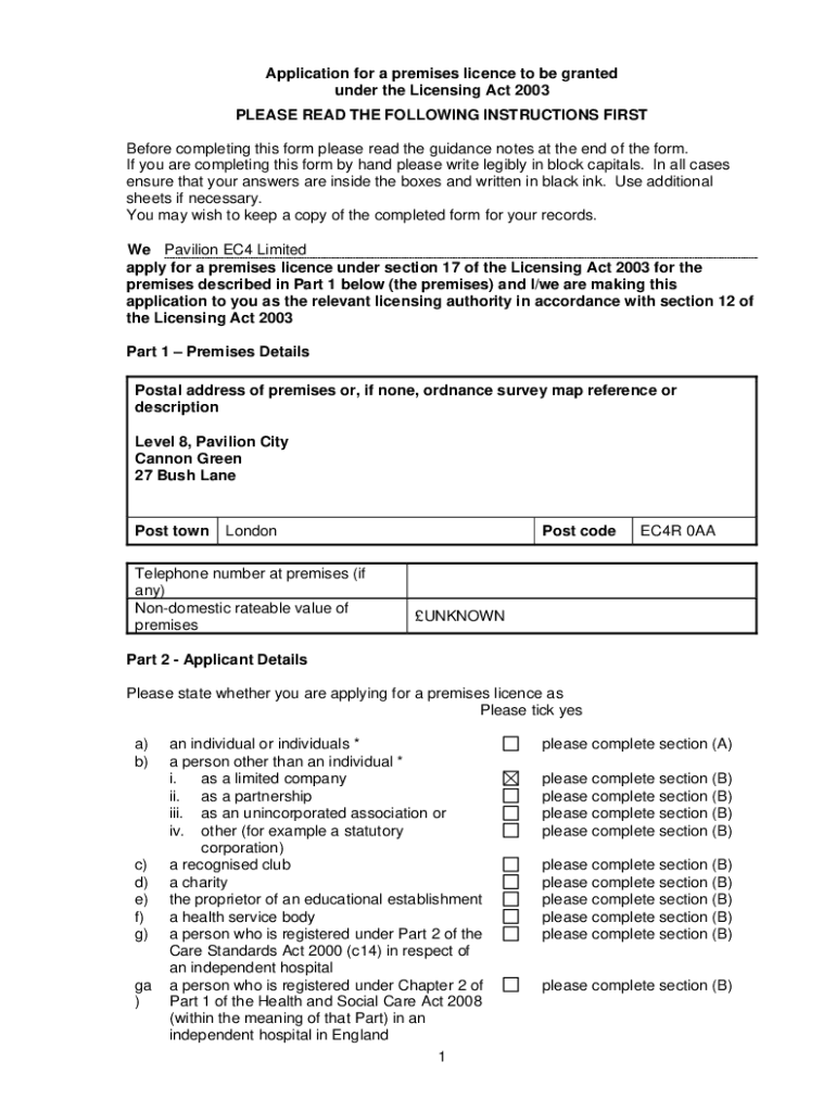 Fillable Online pavilion-ec4-ltd-premises-license. Premises License Fax ...