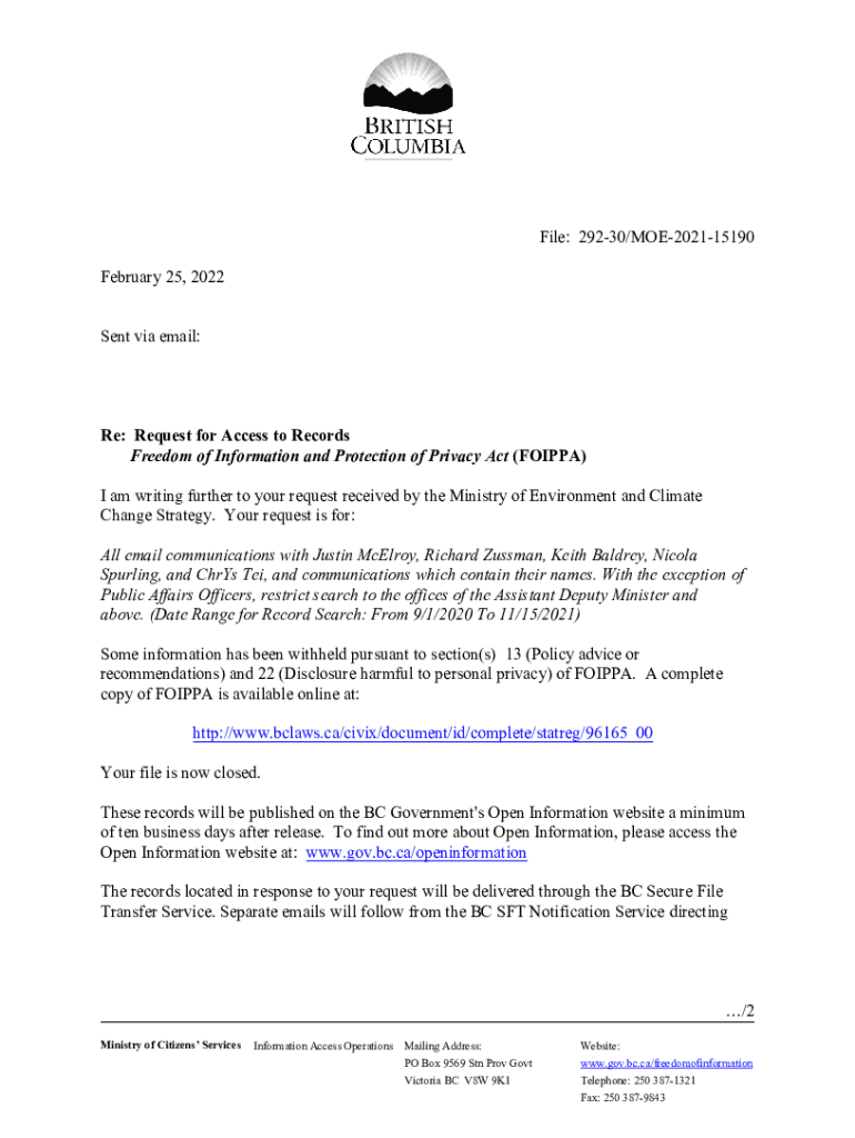Fillable Online docs openinfo gov bc Spurling, and ChrYs Tei, and communications which contain ...