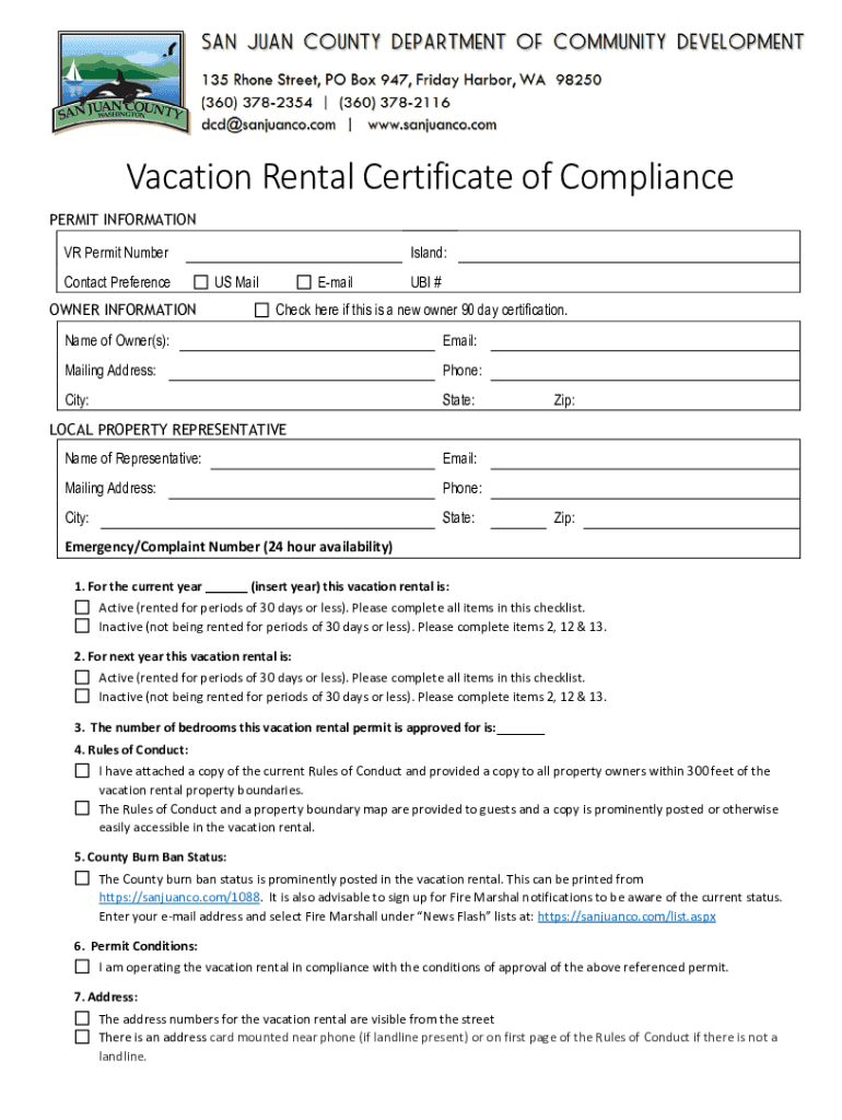 Fillable Online Vacation Rental Certificate of ComplianceSan Juan ...
