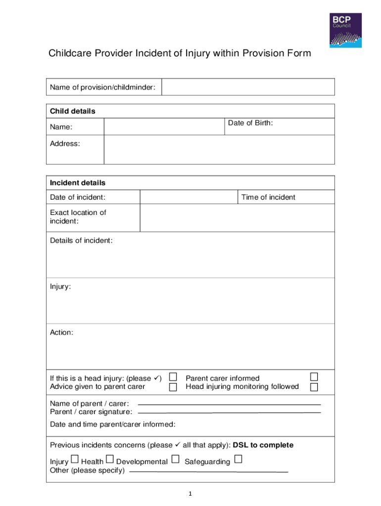 Fillable Online Childcare Provider Incident of Injury within Provision ...