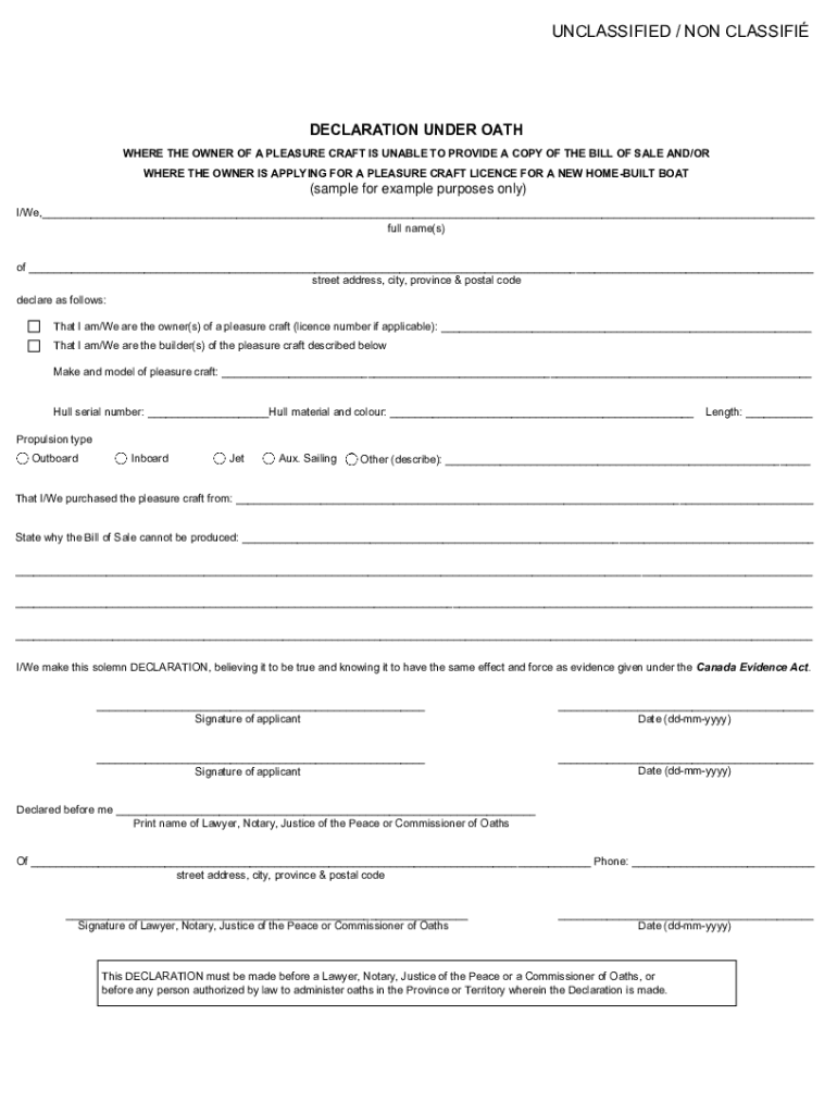 Declaration Under Oath For Pleasure Craft License Unclassified Non