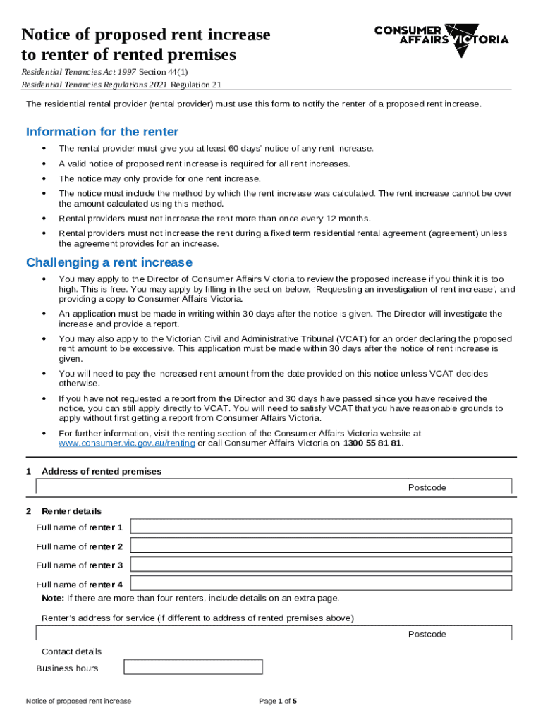 Notice of proposed rent increase to renter of rented premises Doc ...