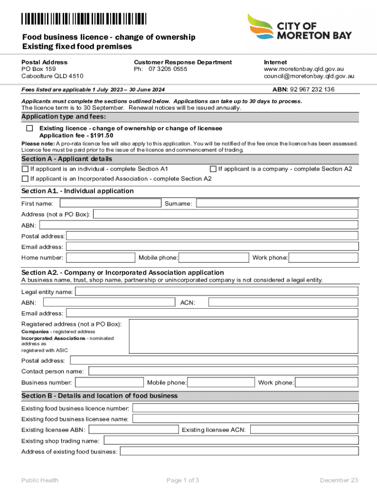 Fillable Online Food business licence - change of ownership - Existing ...