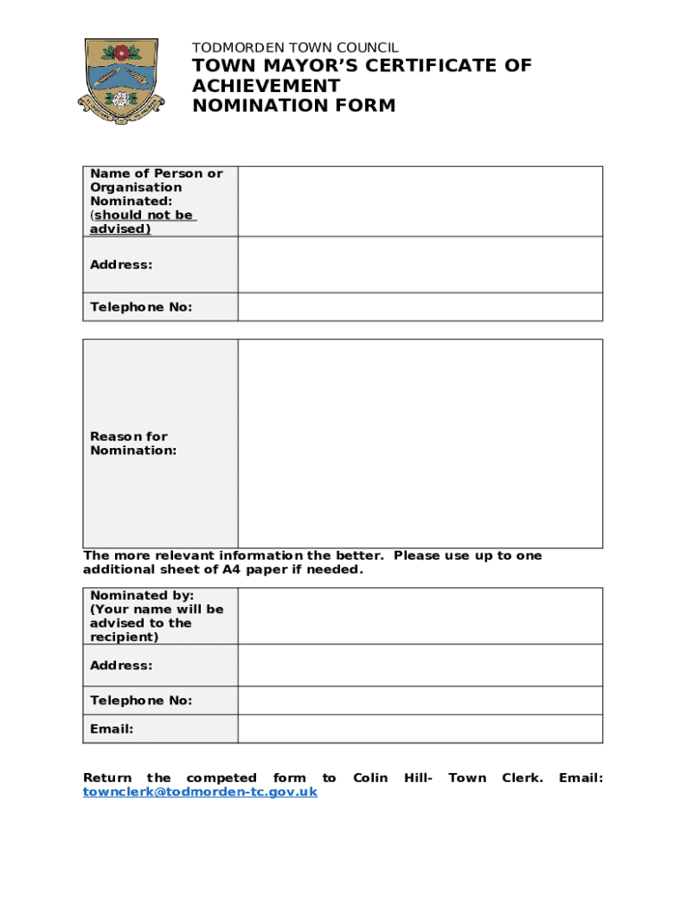 town mayor's certificate of achievement nomination Doc Template | pdfFiller