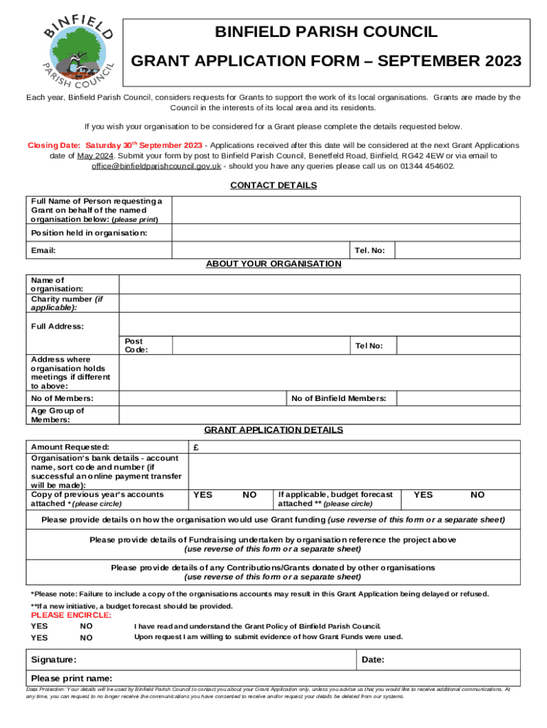 binfield parish council grant application Doc Template | pdfFiller