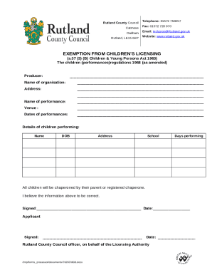 Child Perance Licence Exemption Application Doc Template | pdfFiller