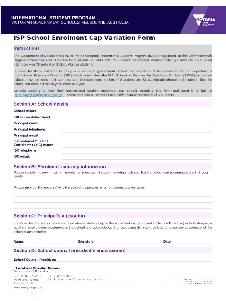 ISP school enrolment cap variation (DOCX) Doc Template | pdfFiller