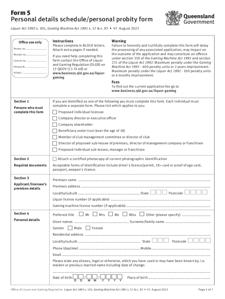 Fillable Online Personal details schedule/personal probity form (Form 5 ...