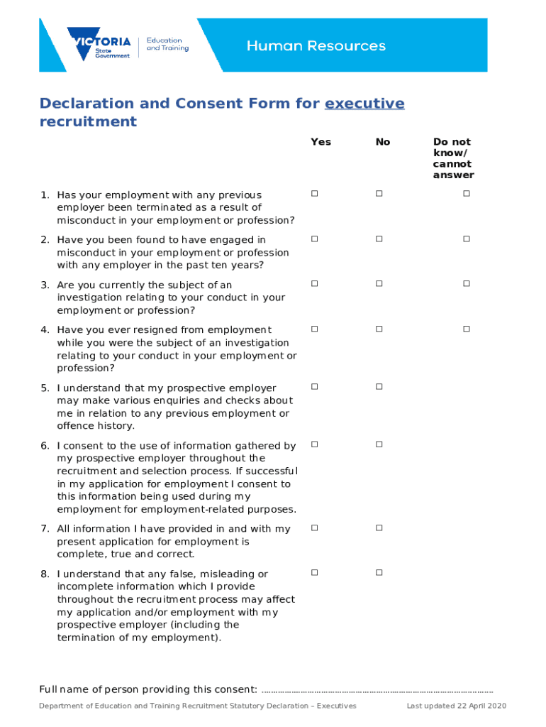 Declaration and Consent for executive recruitment Doc Template | pdfFiller