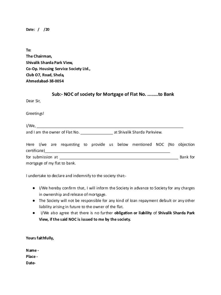 Fillable Online Sub:- NOC of society for Mortgage of Flat No. to Bank ...