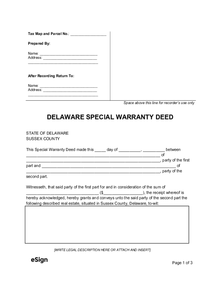 Fillable Online Delaware Special Warranty Deed Form (Sussex County) Fax ...