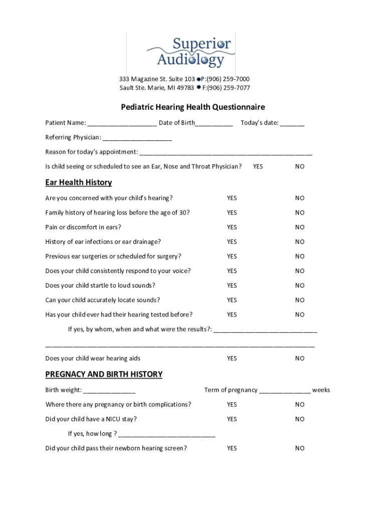 Fillable Online Pediatric Hearing Health Questionnaire Ear Health ...