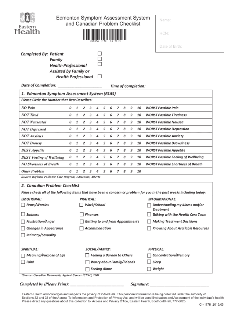 Fillable Online ch-1178-Edmonton-Symptom-Assessment-System-and- ... Fax ...