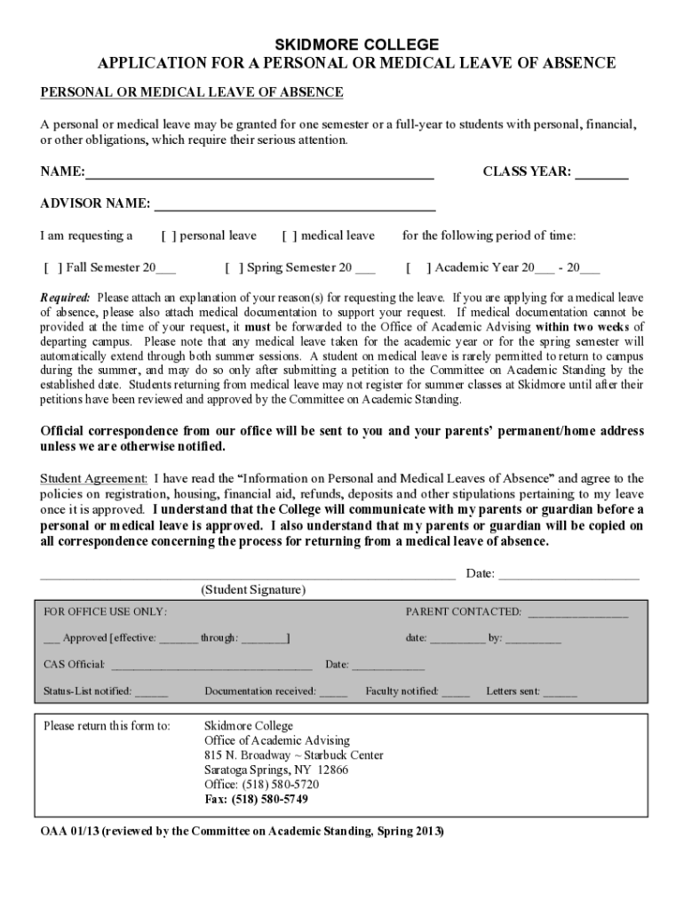 Fillable Online Fillable Online cms skidmore Personal & Medical Leave ...