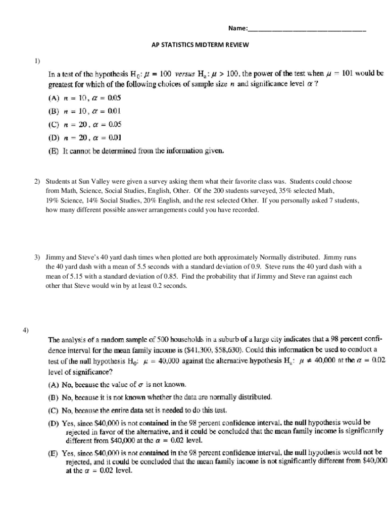 Fillable Online AP STATISTICS MIDTERM REVIEW 1) 2) Students at Sun ...
