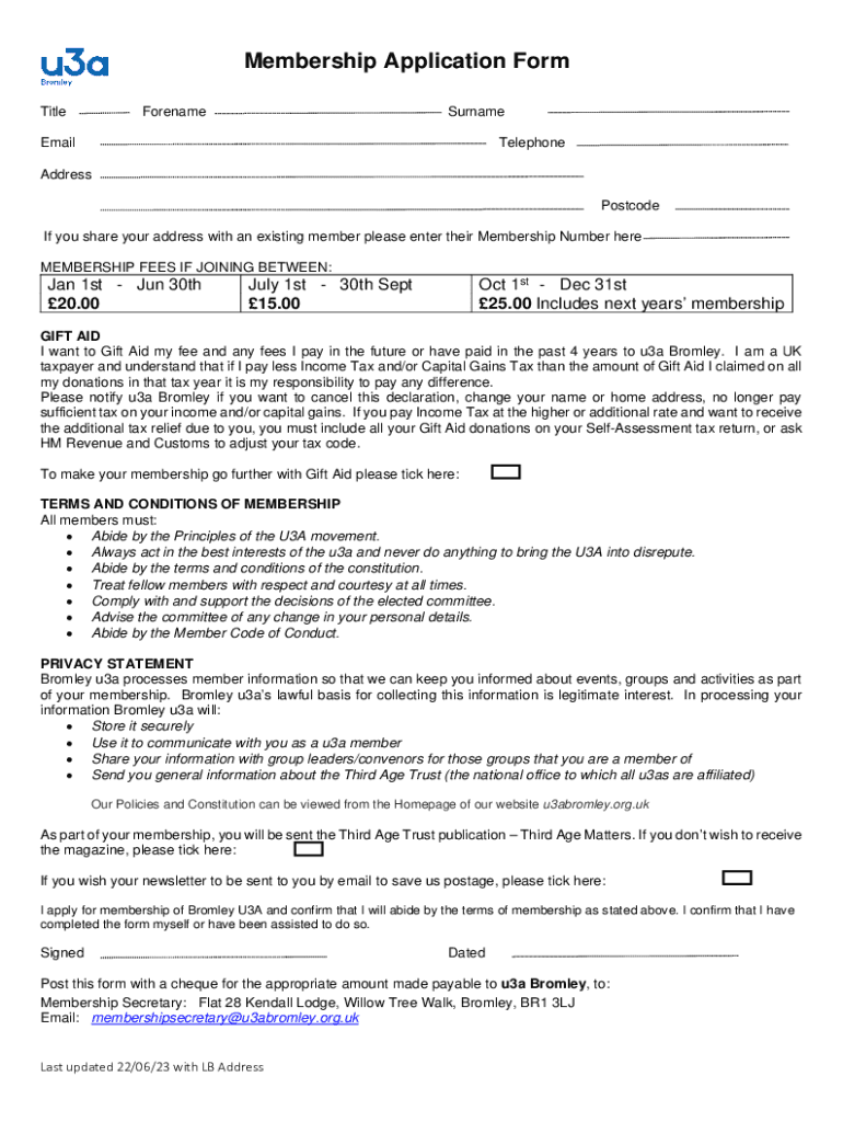 Fillable Online u3abromley org Membership Application Form LB Fax Email Print - pdfFiller