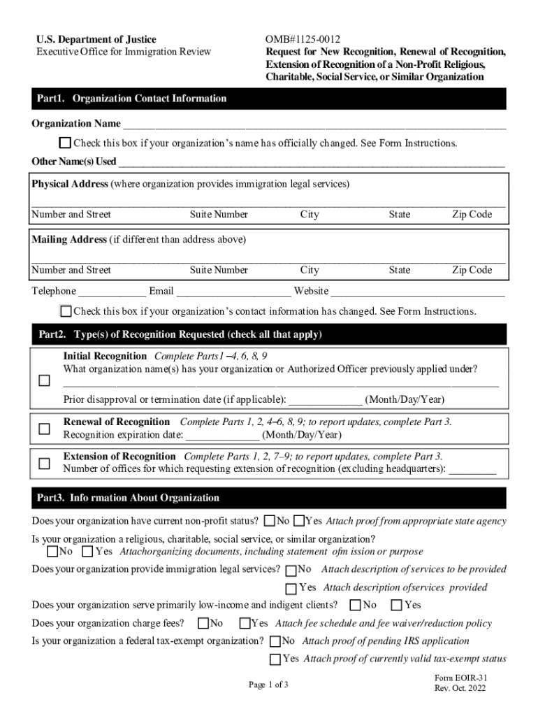 Fillable Online EOIR-31 - Request for New Recognition, Renewal of ...
