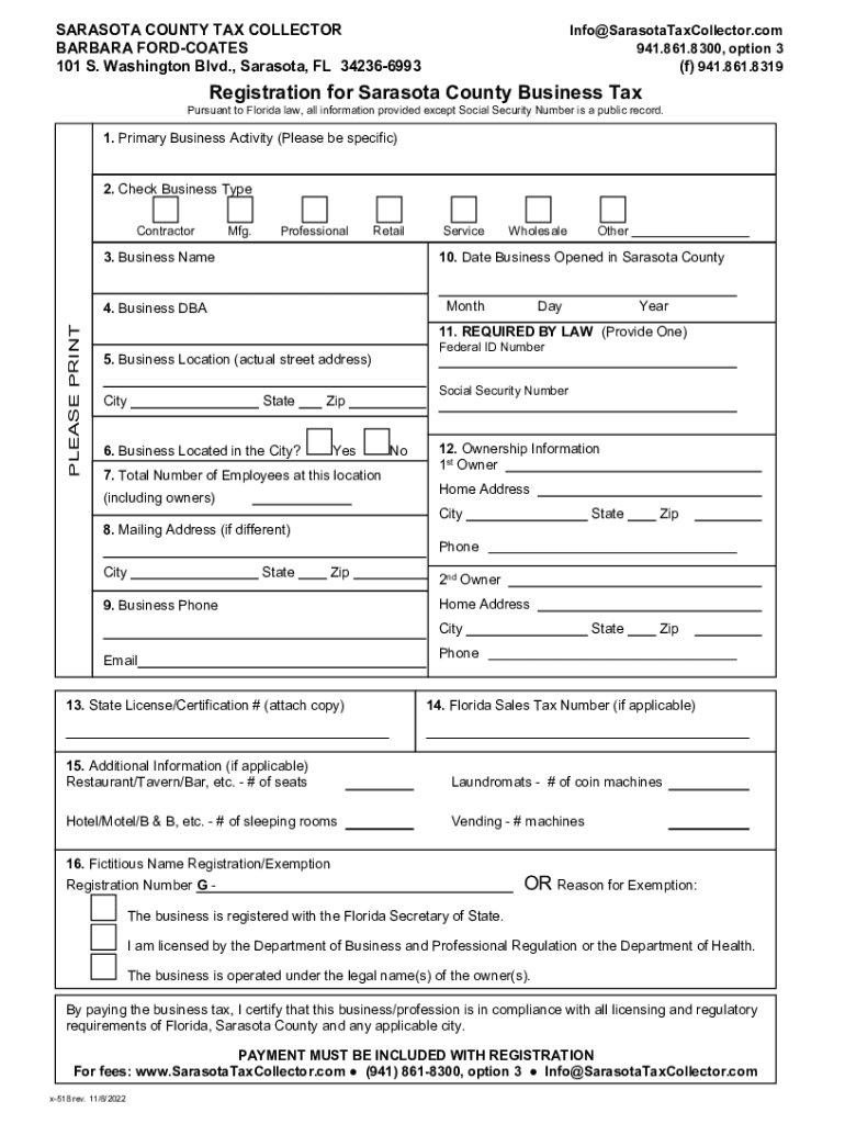 Fillable Online Sarasota County Business Tax Registration Form ...