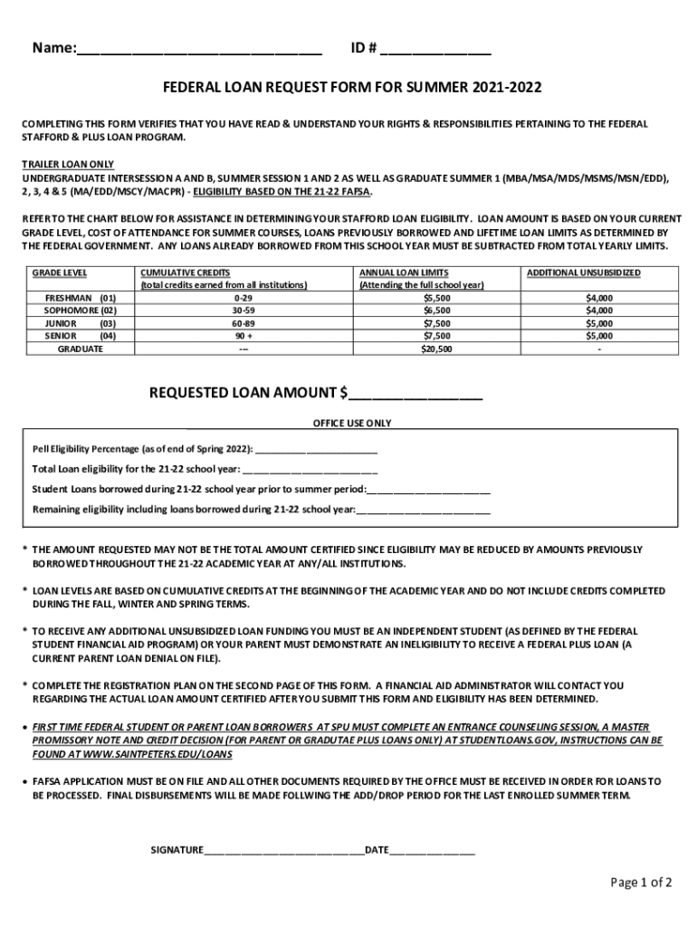 Fillable Online SUMMER LOAN PROCESSING REQUEST FORM 2122 Fax Email Print - pdfFiller