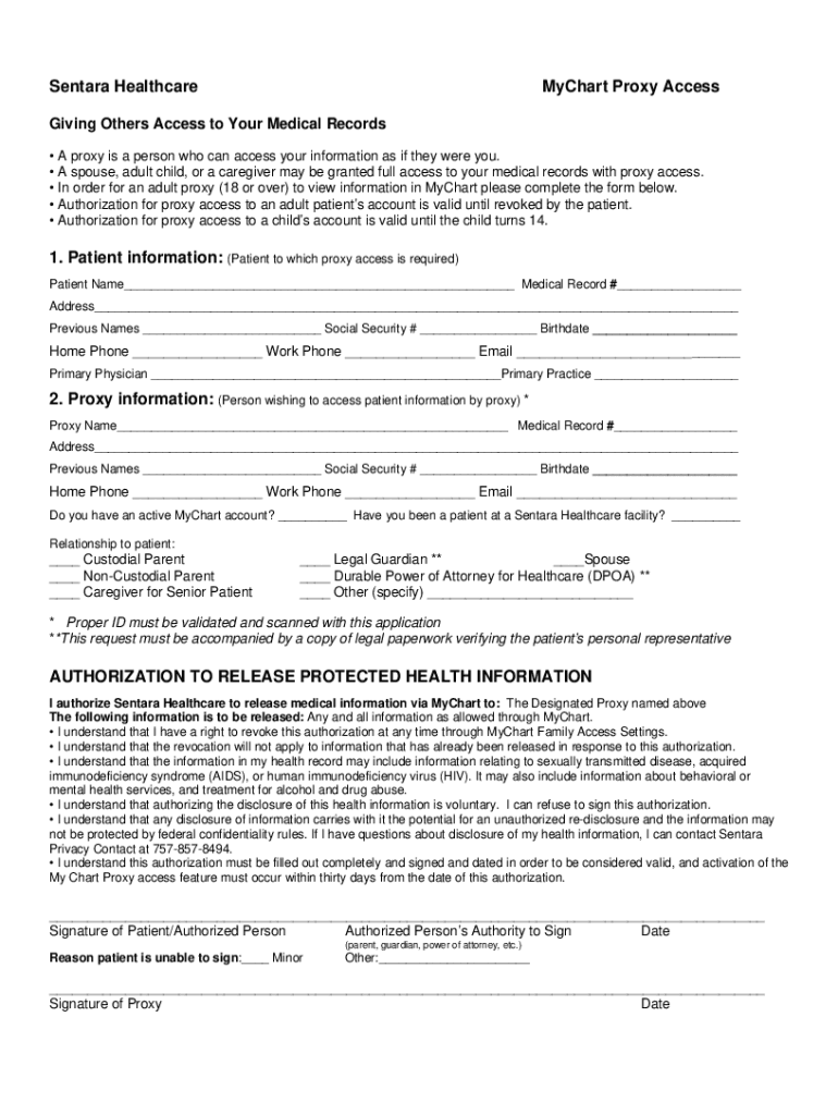 Fillable Online Sentara Healthcare MyChart Proxy Access AUTHORIZATION ...