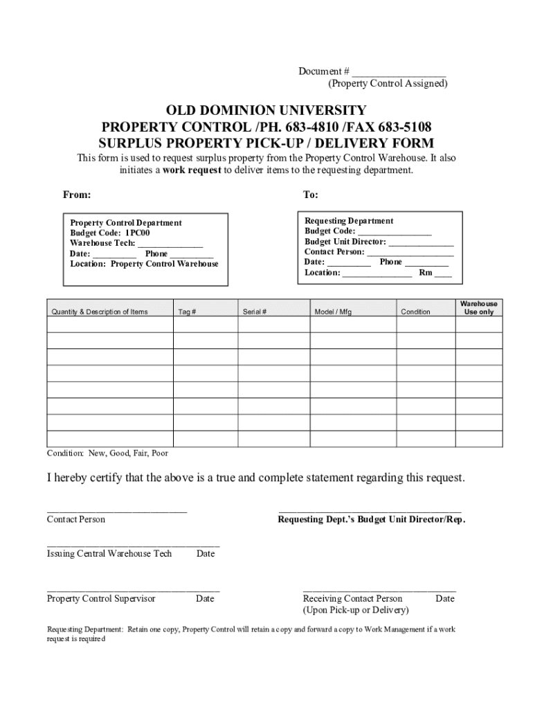 Fillable Online SURPLUS PROPERTY PICK-UP / DELIVERY FORM Fax Email ...