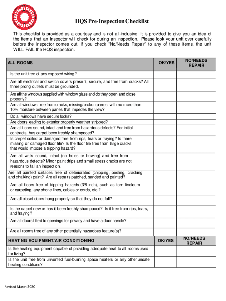 Fillable Online Housing Quality Standards (HQS) Inspection Checklist ...
