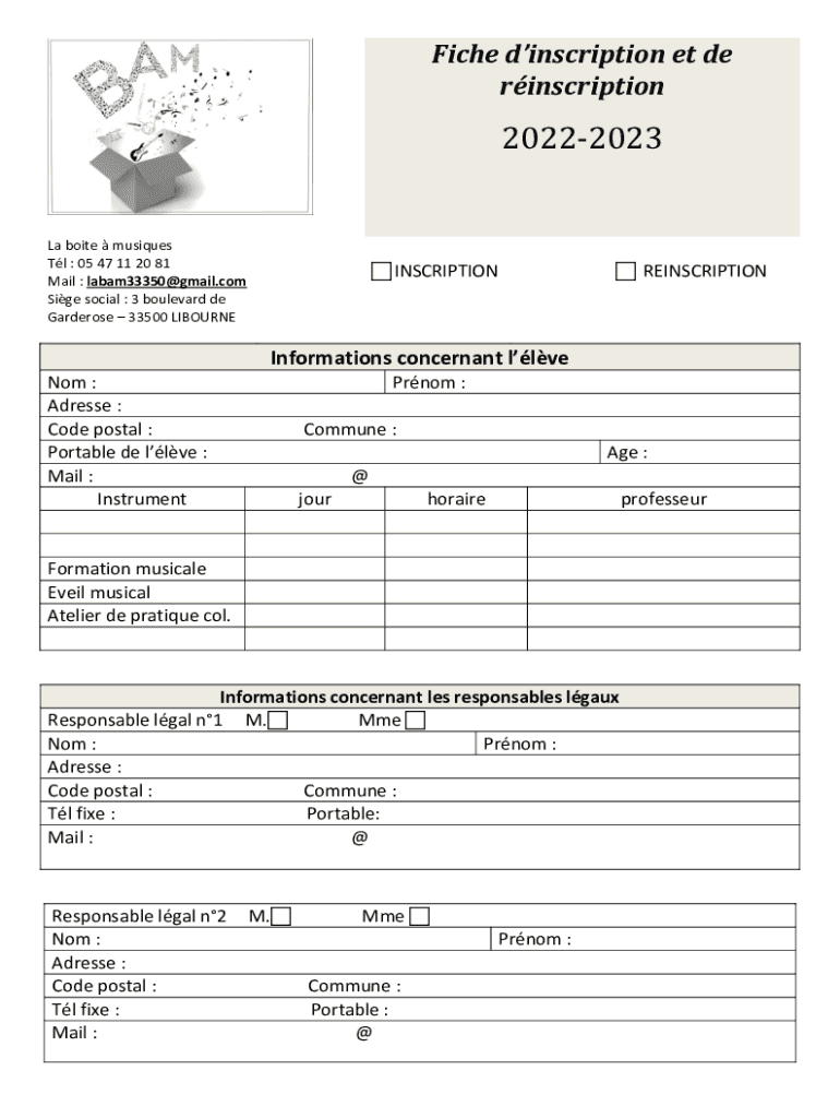 Remplissable En Ligne Fiche d'inscription et de rinscription Fax Email ...