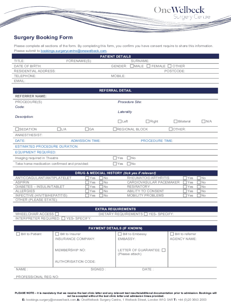 Fillable Online Surgery Reservation Form Template Fax Email Print - pdfFiller