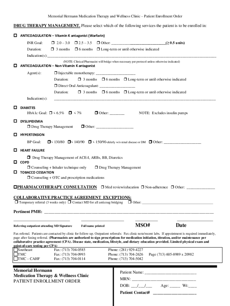 Fillable Online Memorial Hermann Medication Therapy and Wellness Clinic ...