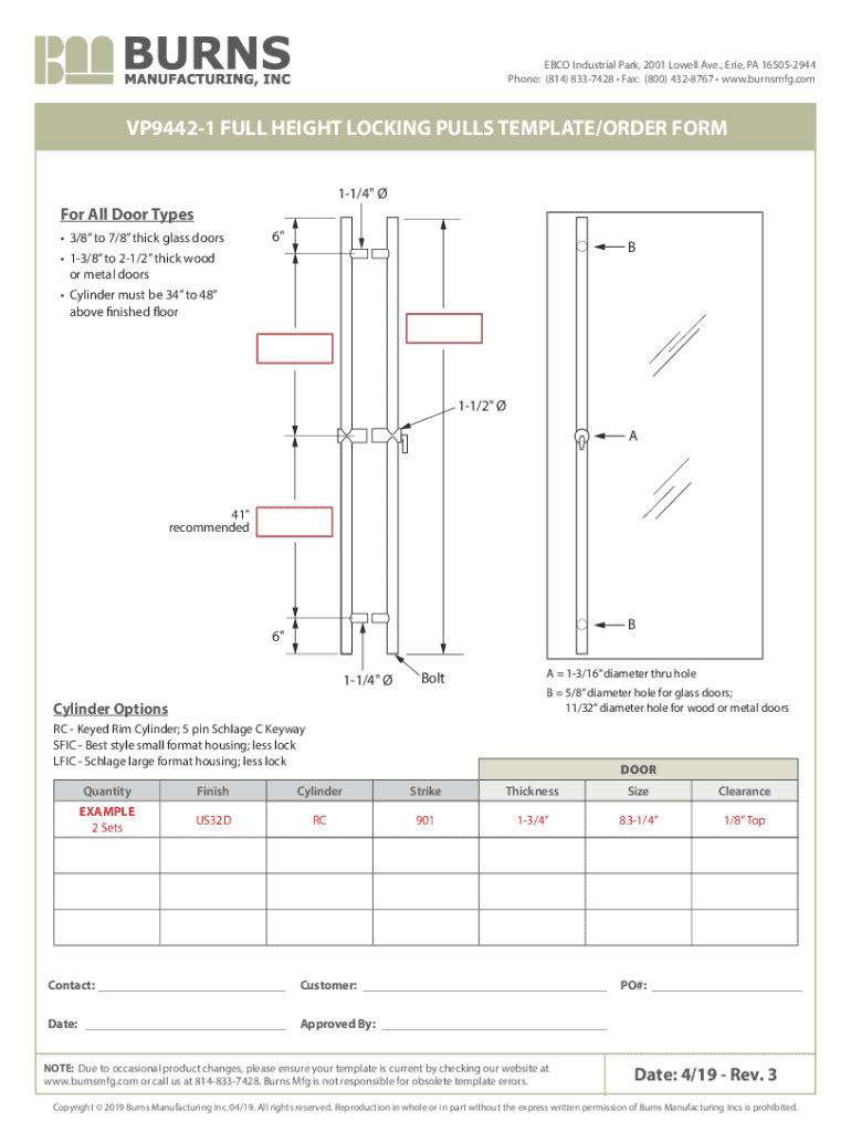 Fillable Online VP9442-1 FULL HEIGHT LOCKING PULLS TEMPLATE/ORDER ...
