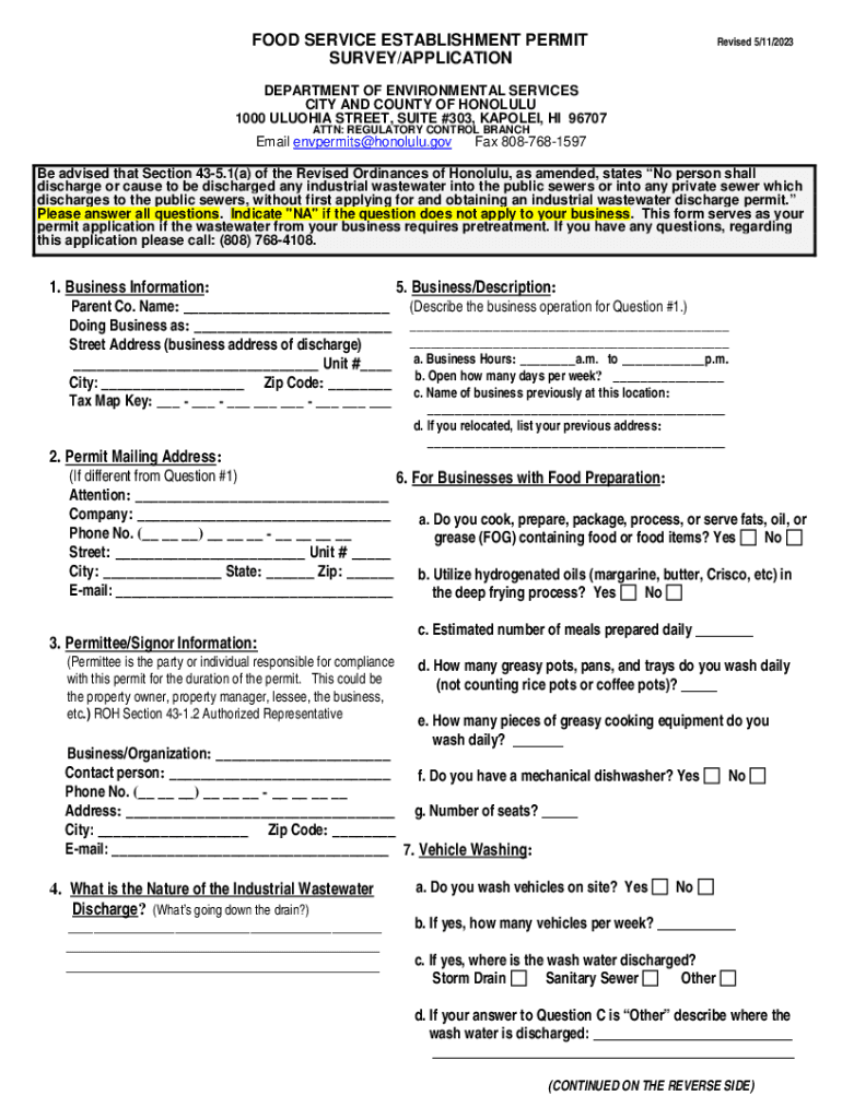 Fillable Online food service establishment permit - survey/application ...