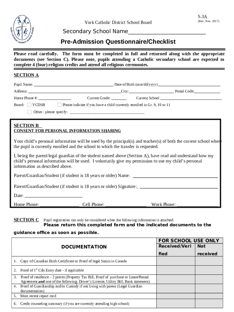 Online stro ycdsb Pre-Admission Questionnaire/ ... Doc Template | pdfFiller