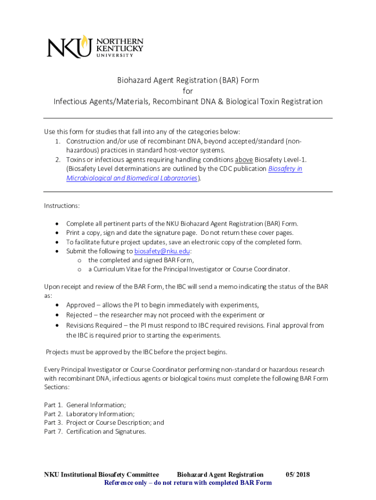 Fillable Online Biohazard Agent Registration (BAR) Form for Infectious ...