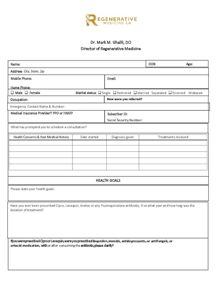Fillable Online Dr. Ghalili Patient Questionnaire Intake form for new ...