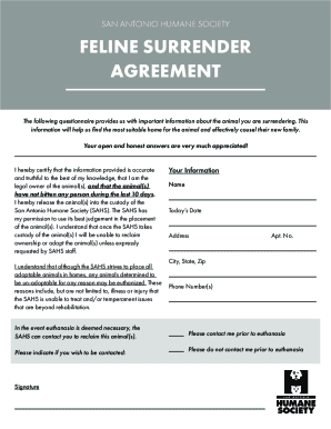 Fillable Online FELINE SURRENDER AGREEMENT Fax Email Print - pdfFiller