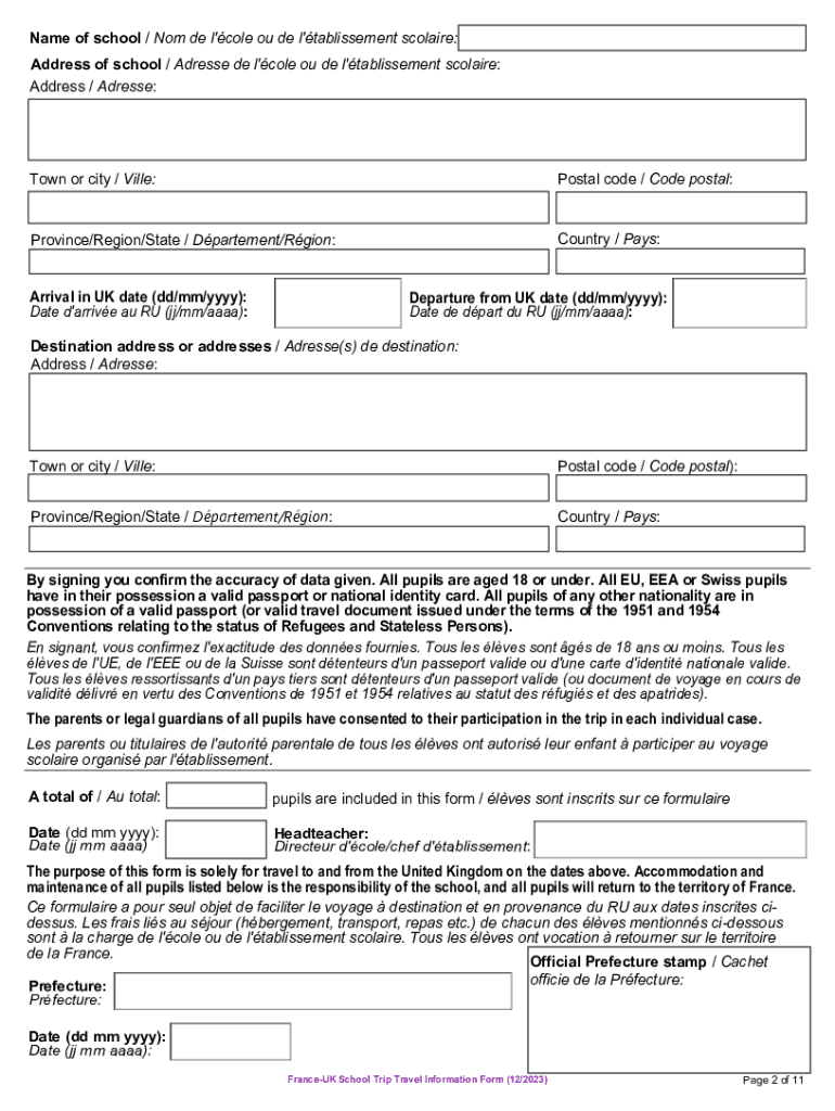 Remplissable En Ligne France-UK School Trip Travel Information Form Fax Email Imprimer - pdfFiller