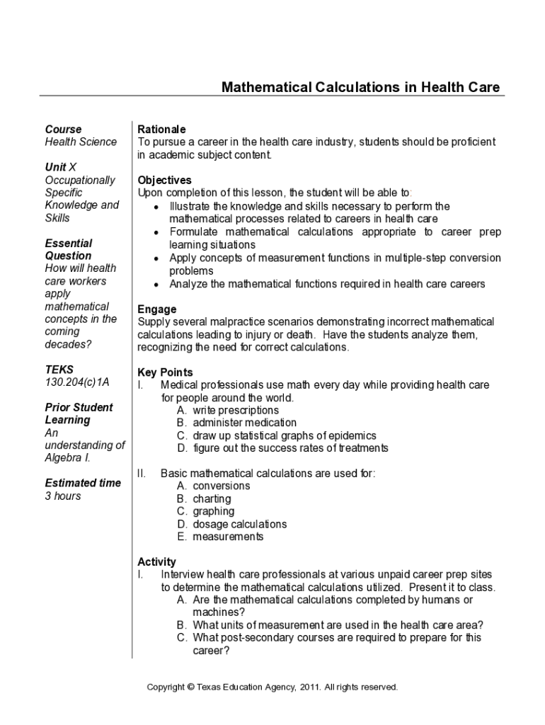 Fillable Online Math in Medicine: How Is Math Used in Healthcare? Fax ...
