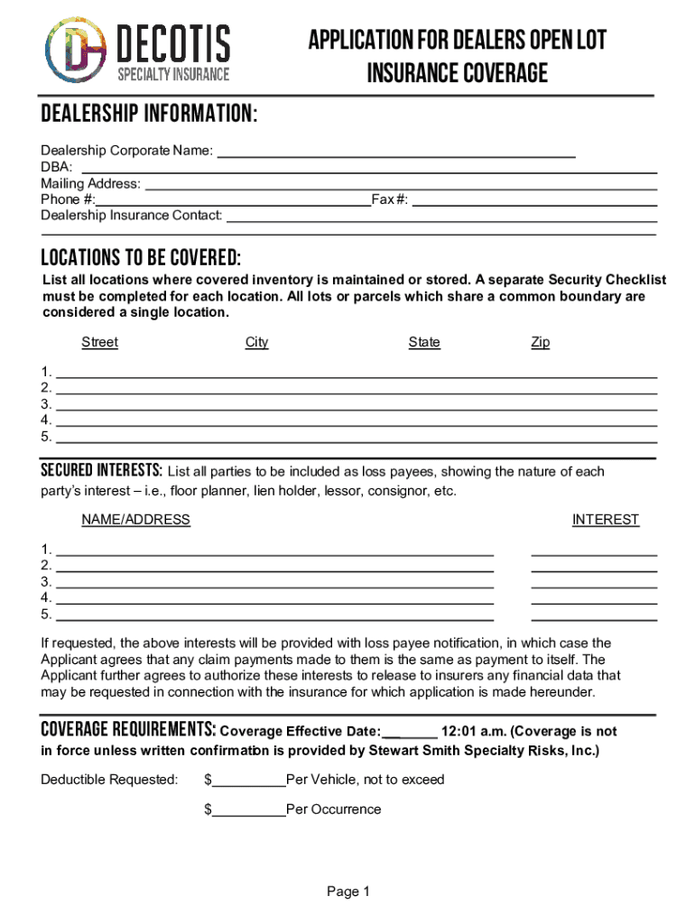 Fillable Online APPLICATION FOR DEALERS OPEN LOT ... Fax Email Print ...