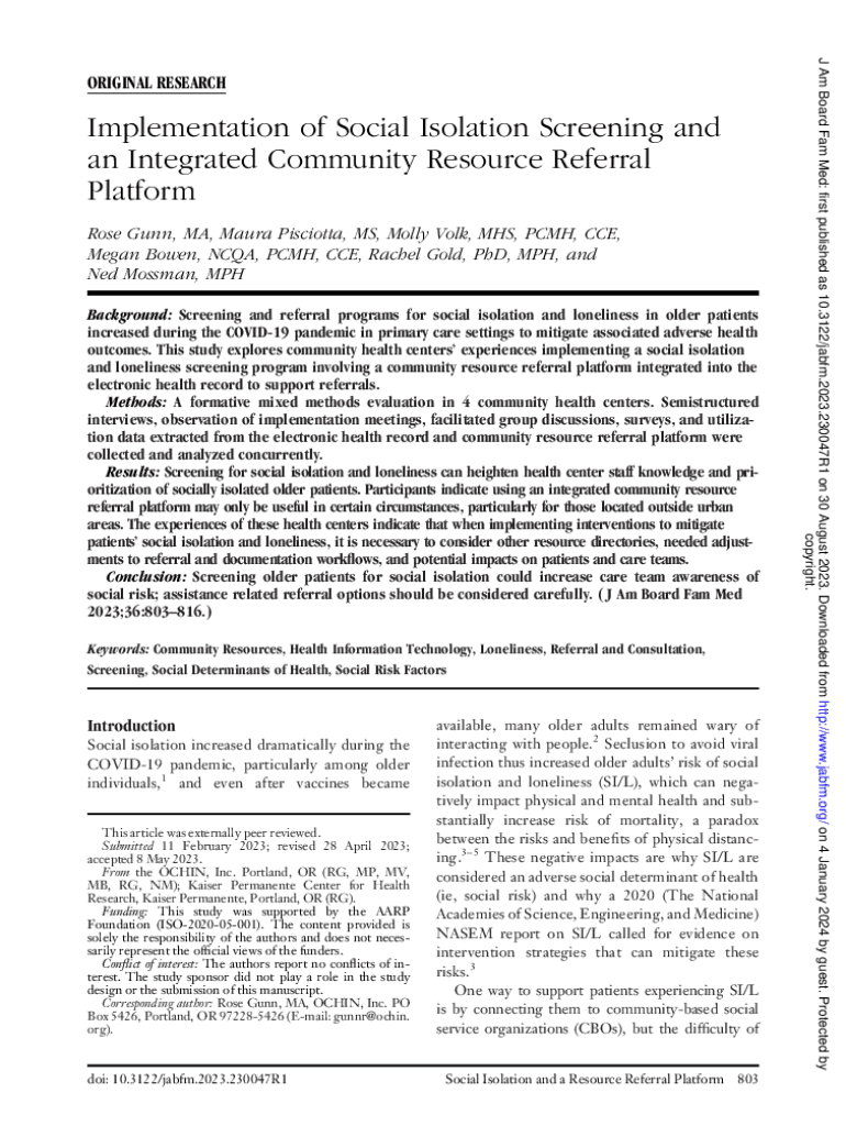 Fillable Online Implementation of Social Isolation Screening and an ...