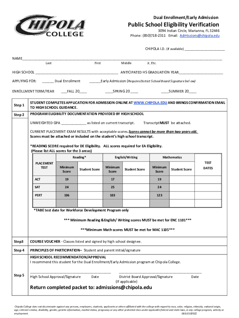 Fillable Online Dual Enrollment/ Early Admission Public School Eligibility Verification Fax ...