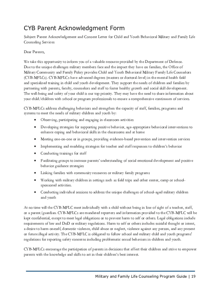Fillable Online Military Families / CYB Parent Acknowledgement Form Fax ...