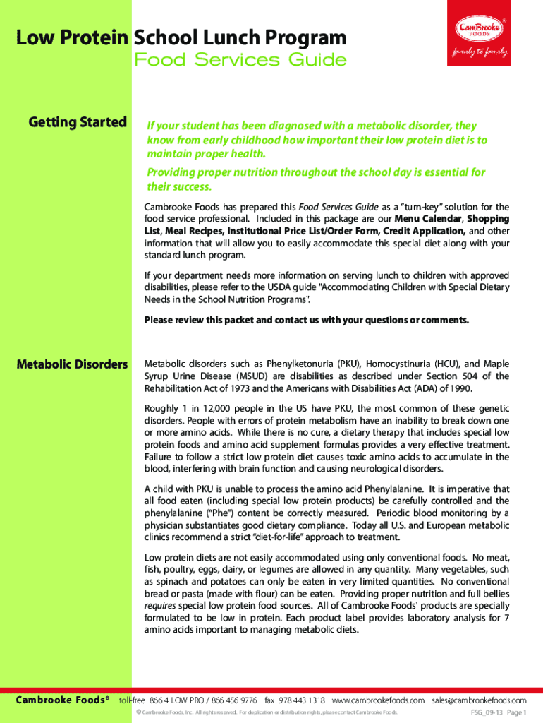 Fillable Online School Lunch Program - Food Services Guide Summary Fax ...